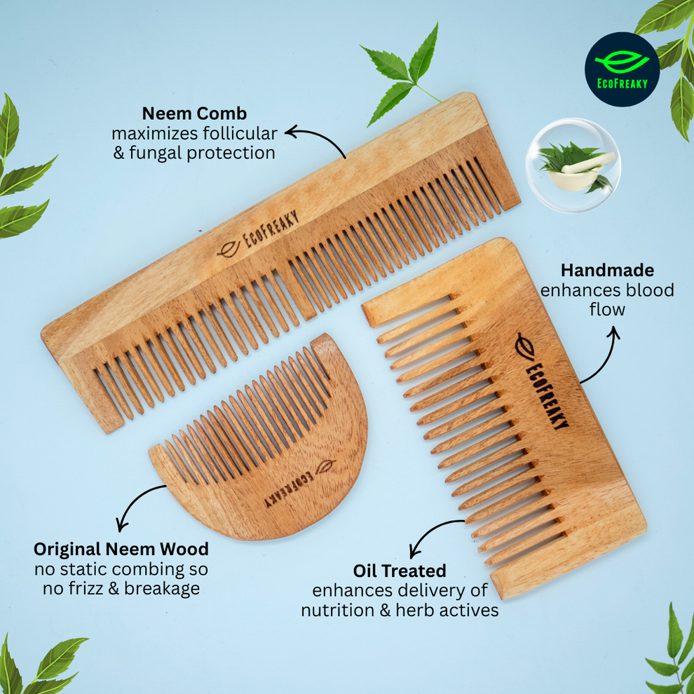 EcoFreaky Natural Neem Comb Set – Anti-Frizz, Scalp Boosting